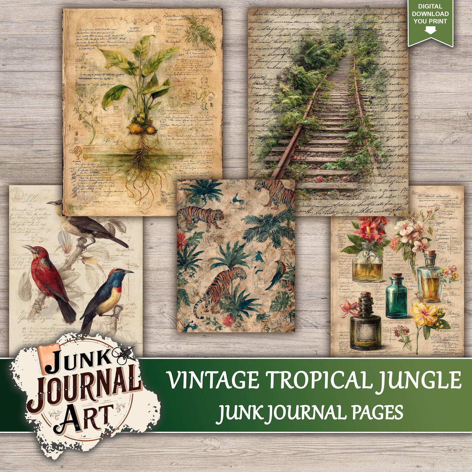 Vintage Tropical Jungle Junk Journal Printable Pages - Forest Botanical ...