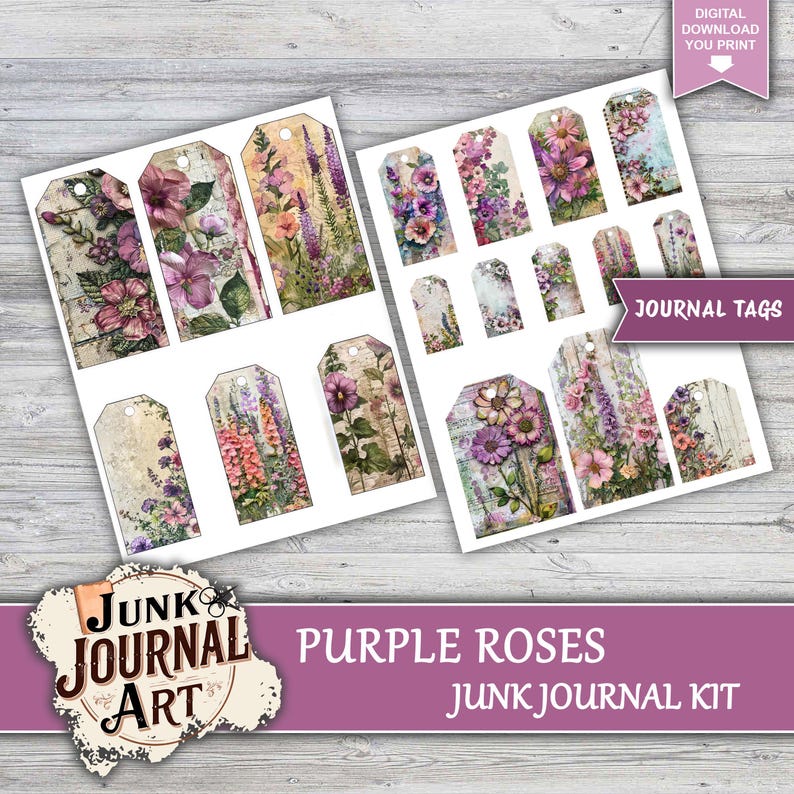 Vintage Purple Rose Junk Journal Kit, Shabby Chic Floral Scrapbook ...