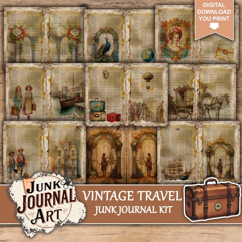 Vintage Travel Junk Journal Kit, Antique World Map Scrapbook Papers ...