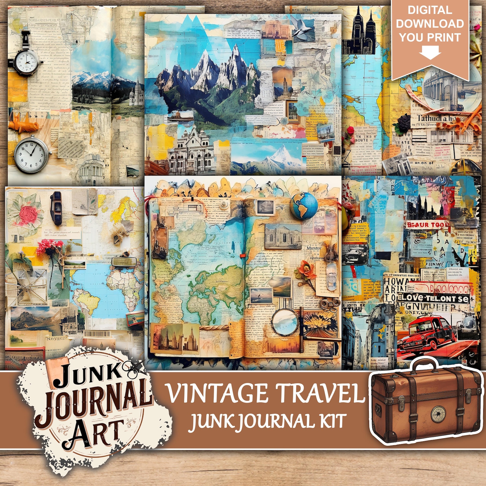 Vintage Travel Junk Journal Kit, Antique World Map Scrapbook Papers ...