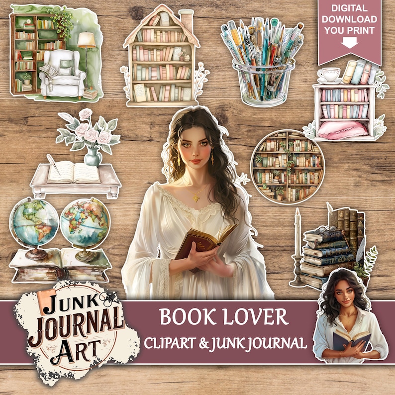 Cozy Book Lover Clipart Bundle, Watercolor Reading Girl PNG, Library ...