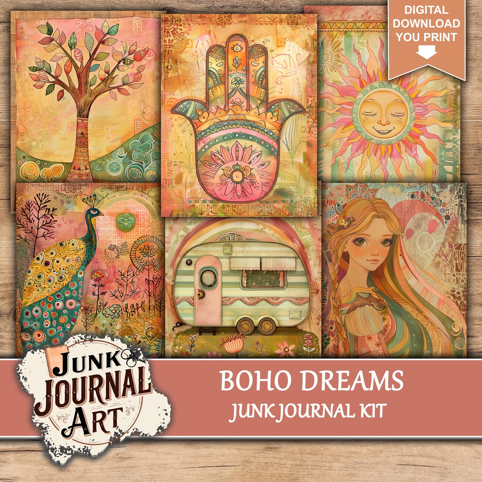 Vintage Boho Junk Journal Kit, Bohemian Hippie Camper Scrapbook Papers ...