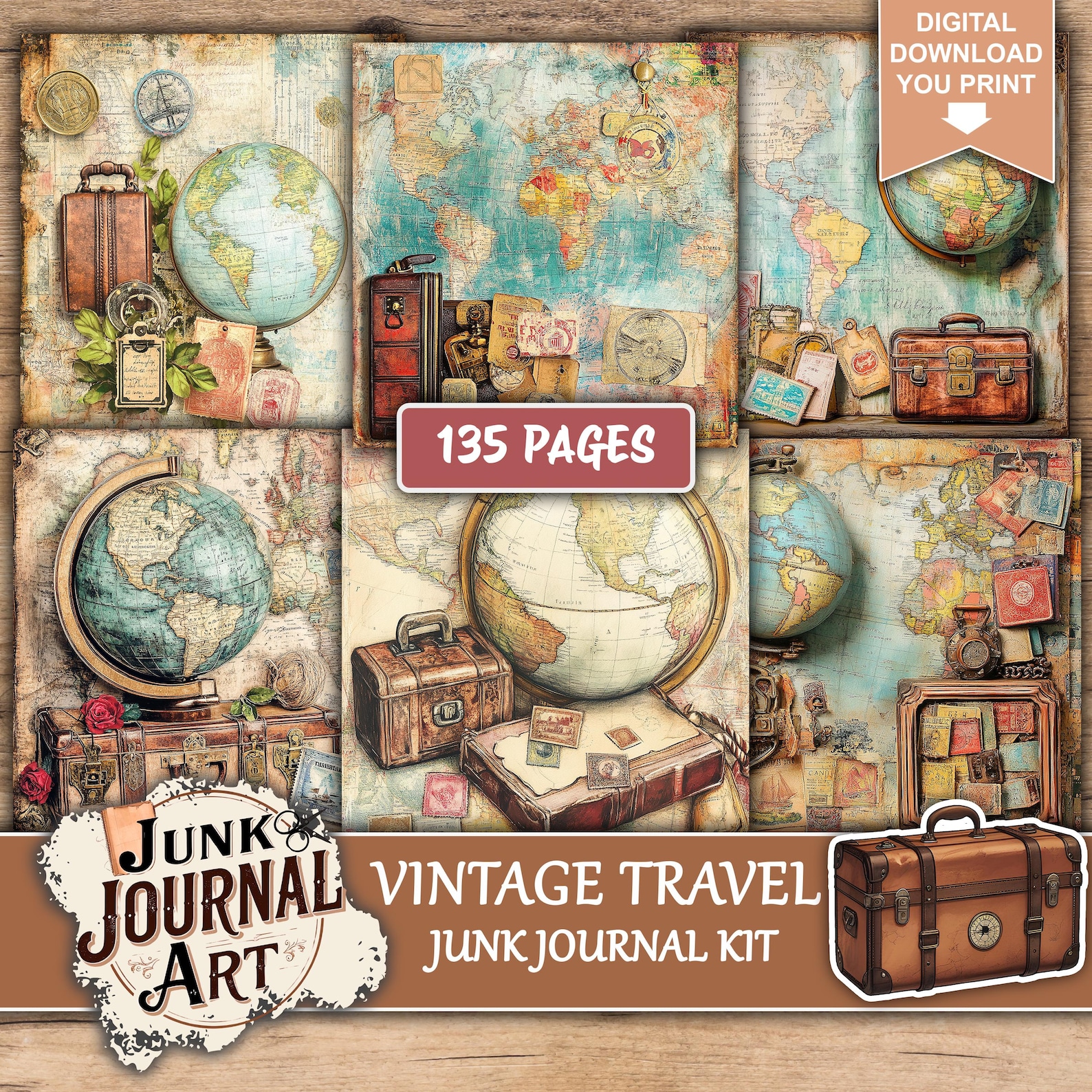 Vintage Travel Junk Journal Kit, Antique World Map Scrapbook Papers ...