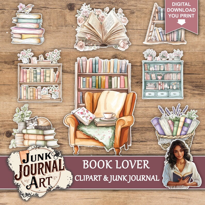 Cozy Book Lover Clipart Bundle, Watercolor Reading Girl PNG, Library ...