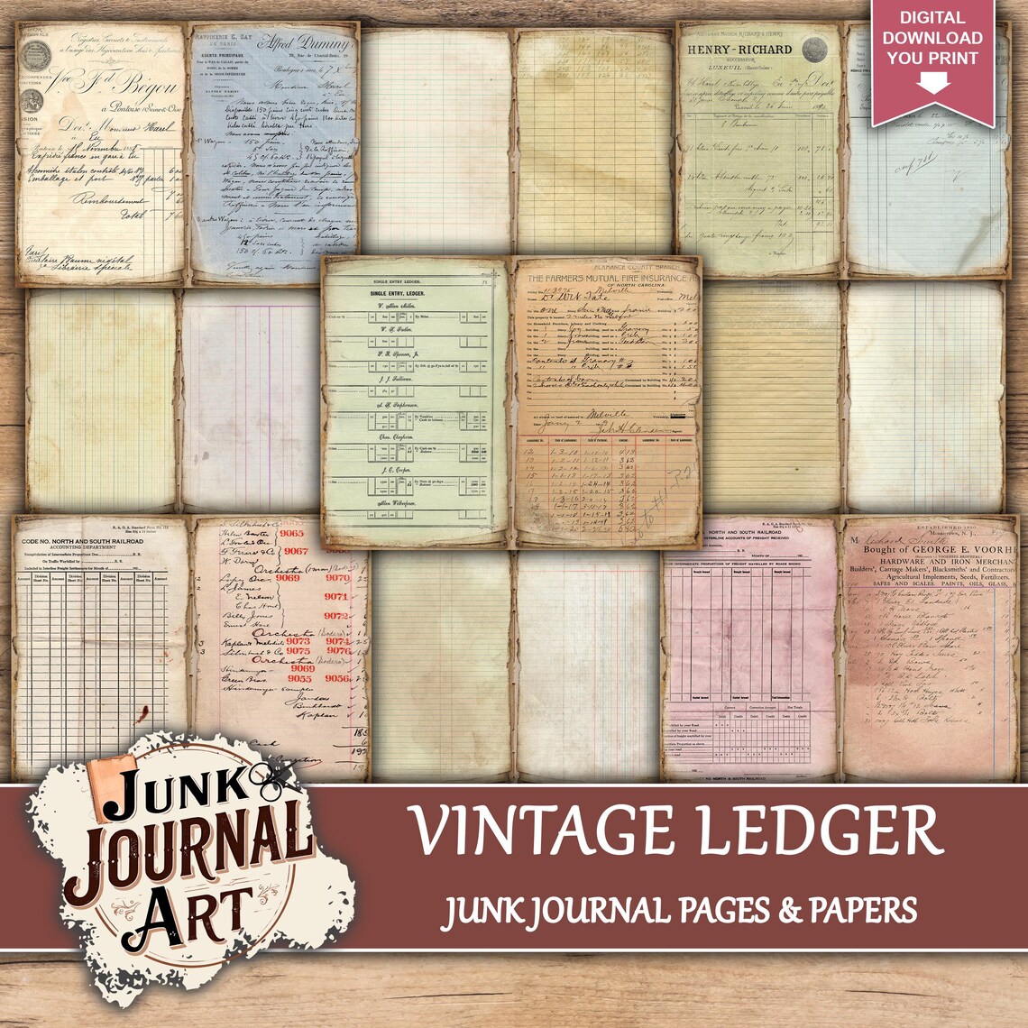 Ledger Journal Papers, Junk Journal Supplies, Junk Journal Kits, Old ...