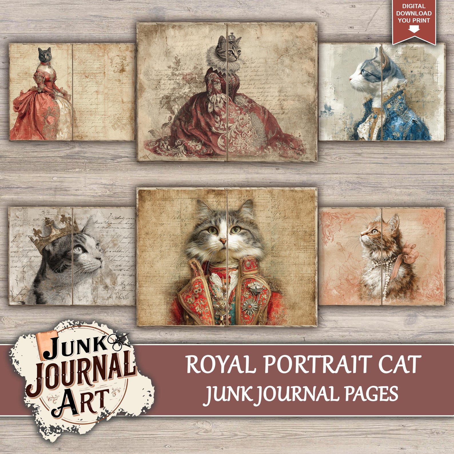 Royal Portrait Cat Junk Journal Pages, Vintage Aristocrat Kitten Paper ...