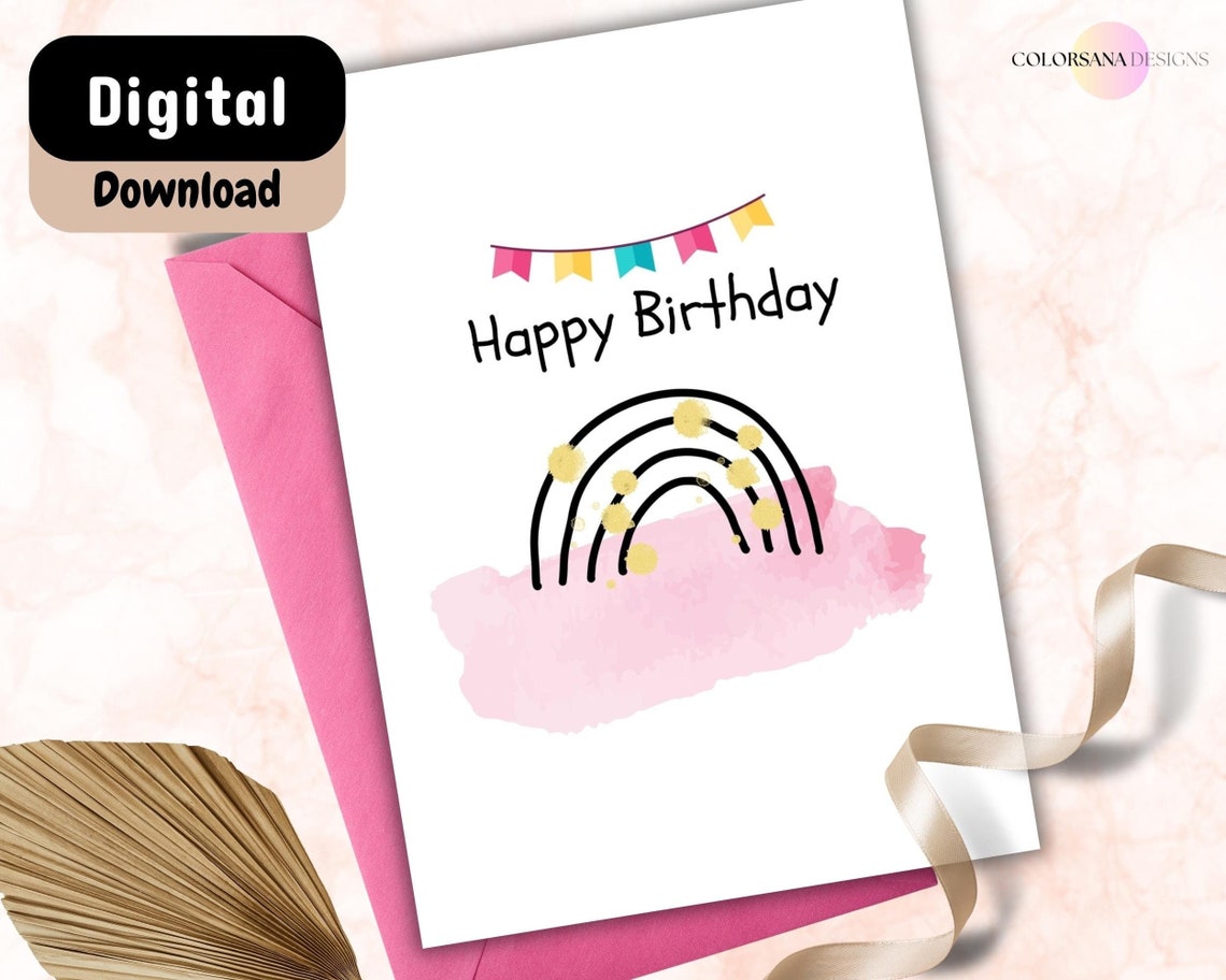 Printable Birthday Card, Rainbow Birthday Card, Happy Birthday Digital ...