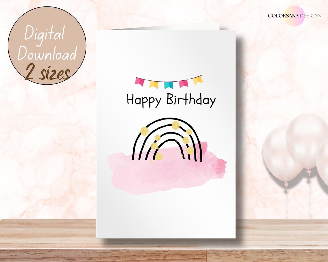 Printable Birthday Card, Rainbow Birthday Card, Happy Birthday Digital ...