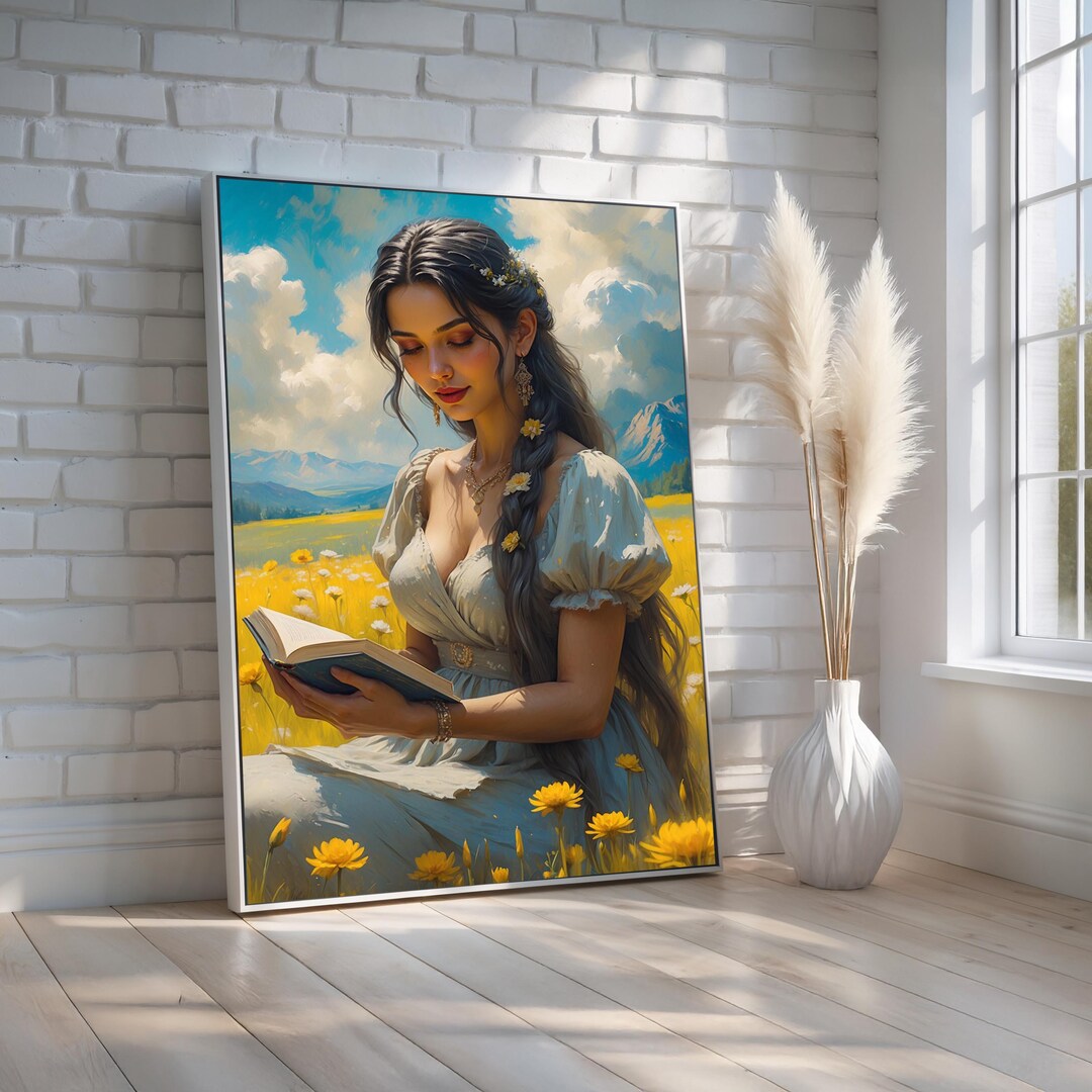 Romantic Woman Reading in Meadow | Cottagecore Feminine Wall Art Print ...