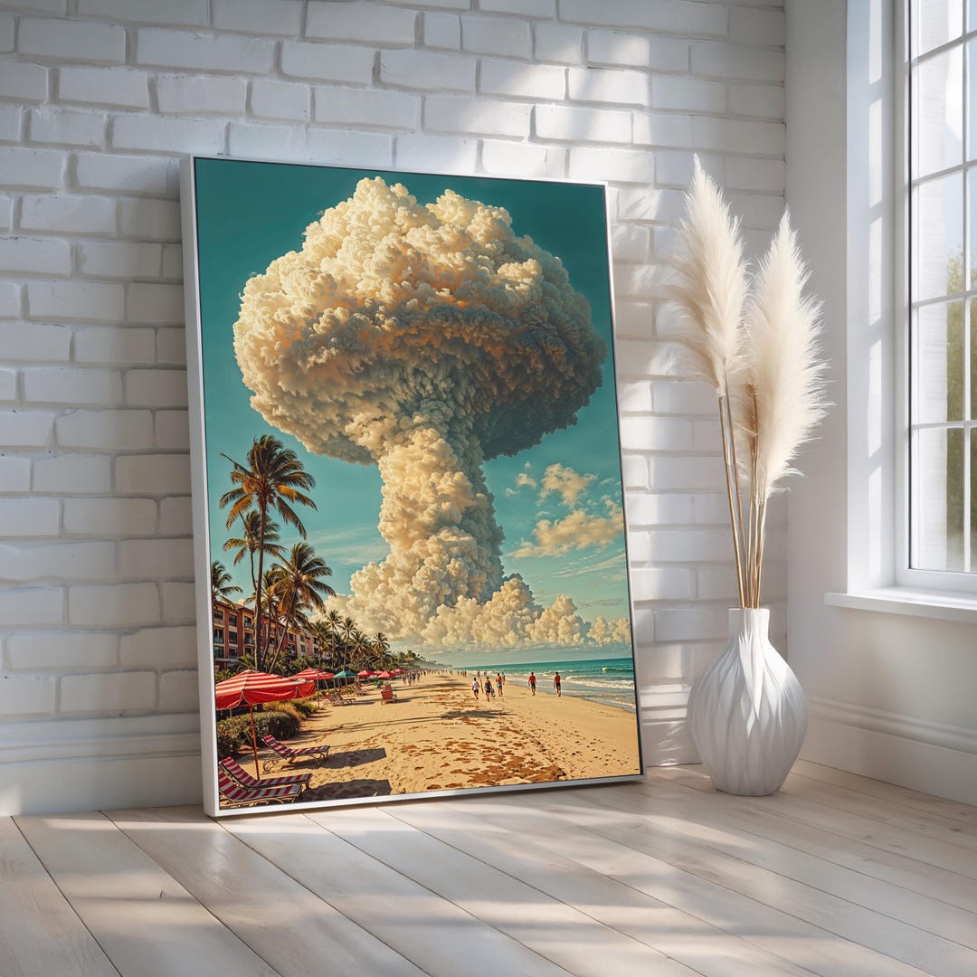 Atomic Beach Wall Art | Surreal Retro Pool Scene With Mushroom Cloud ...