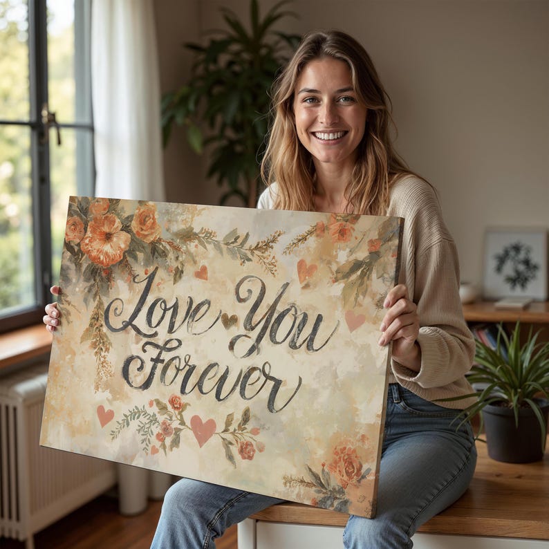 Love You Forever Canvas Wall Art | Romantic Floral Quote Poster | Ready ...