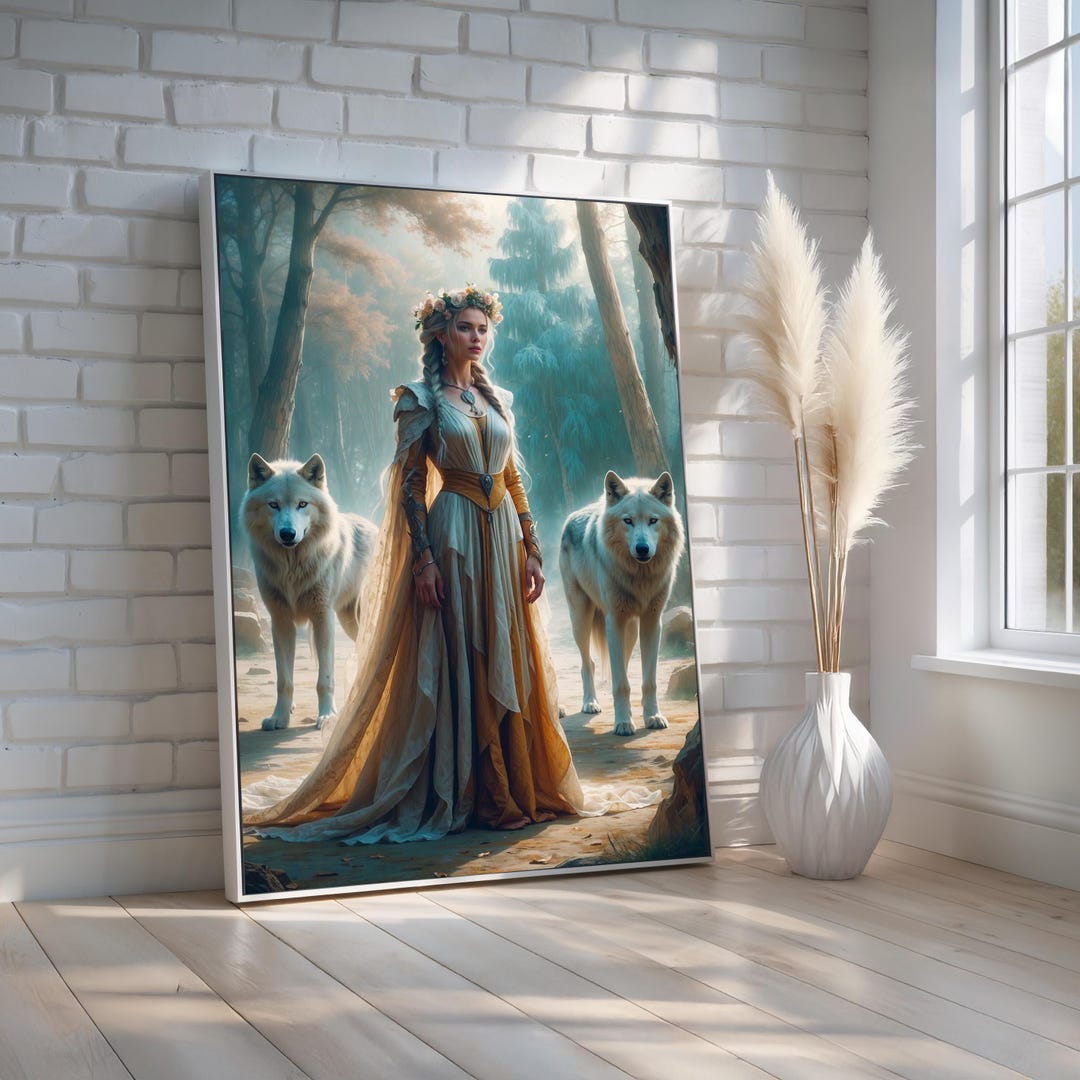 Fantasy Woman and Wolves Wall Art | Elven Queen Forest Scene | Mystical ...