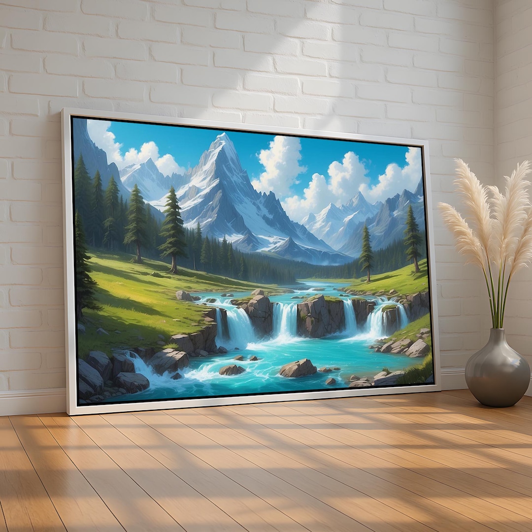 Alpine Mountain Waterfall Wall Art | Nature Landscape Canvas Poster ...
