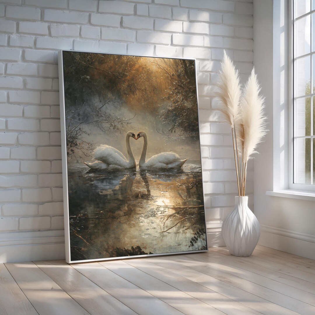 Two Swans Love Art | Romantic Canvas Wall Art Poster | Elegant Lake ...