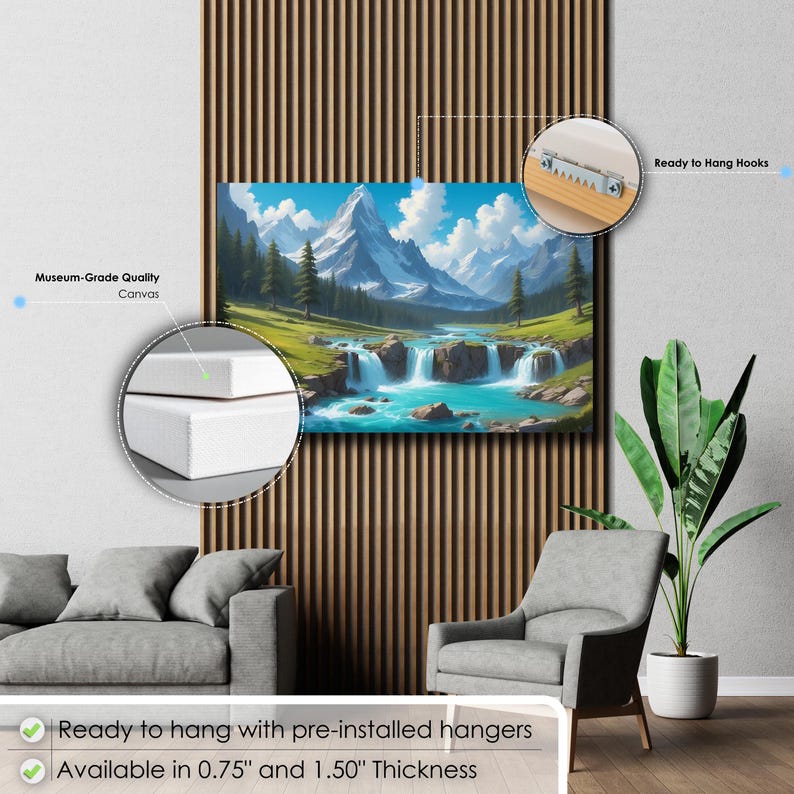 Alpine Mountain Waterfall Wall Art | Nature Landscape Canvas Poster ...