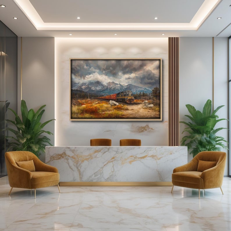 Mountain Train Canvas Wall Art | Powerful Locomotive Landscape Artwork ...