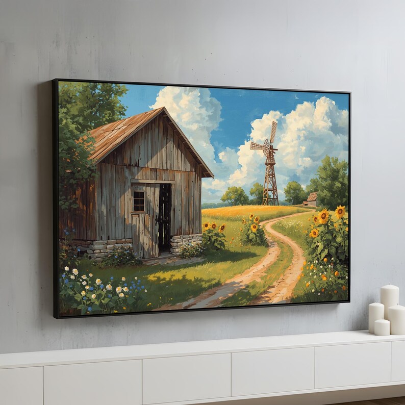 Rustic Countryside Canvas Wall Art | Farm Windmill Landscape Poster ...