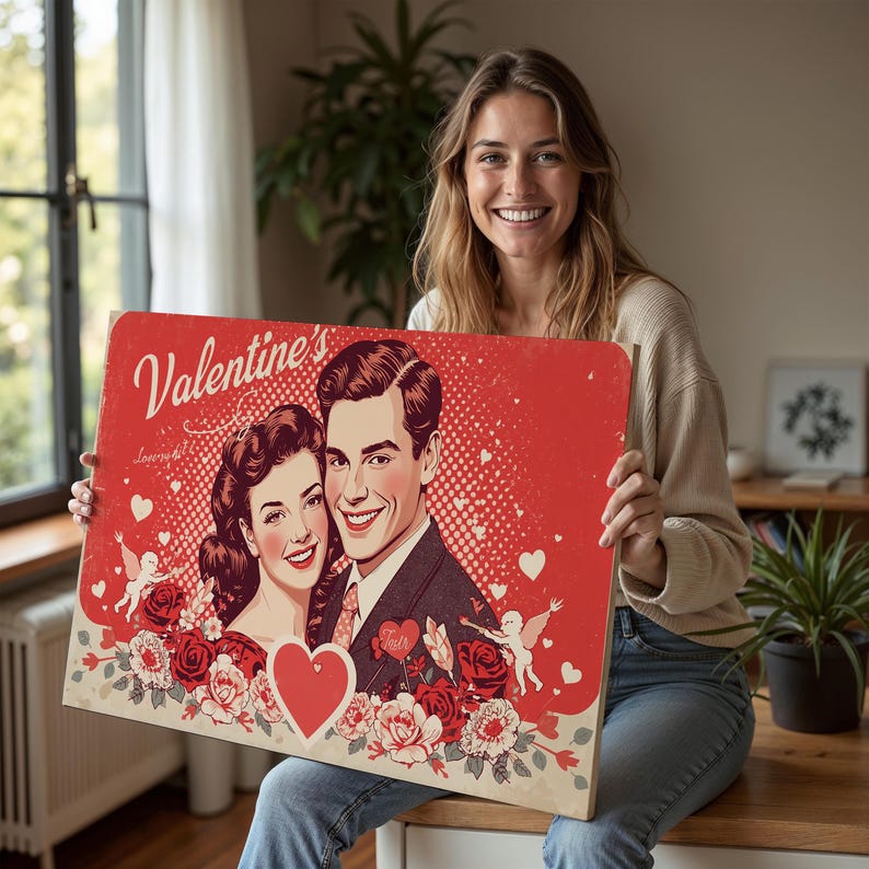 Vintage Valentine Couple Canvas Wall Art | Retro Love Poster Print ...