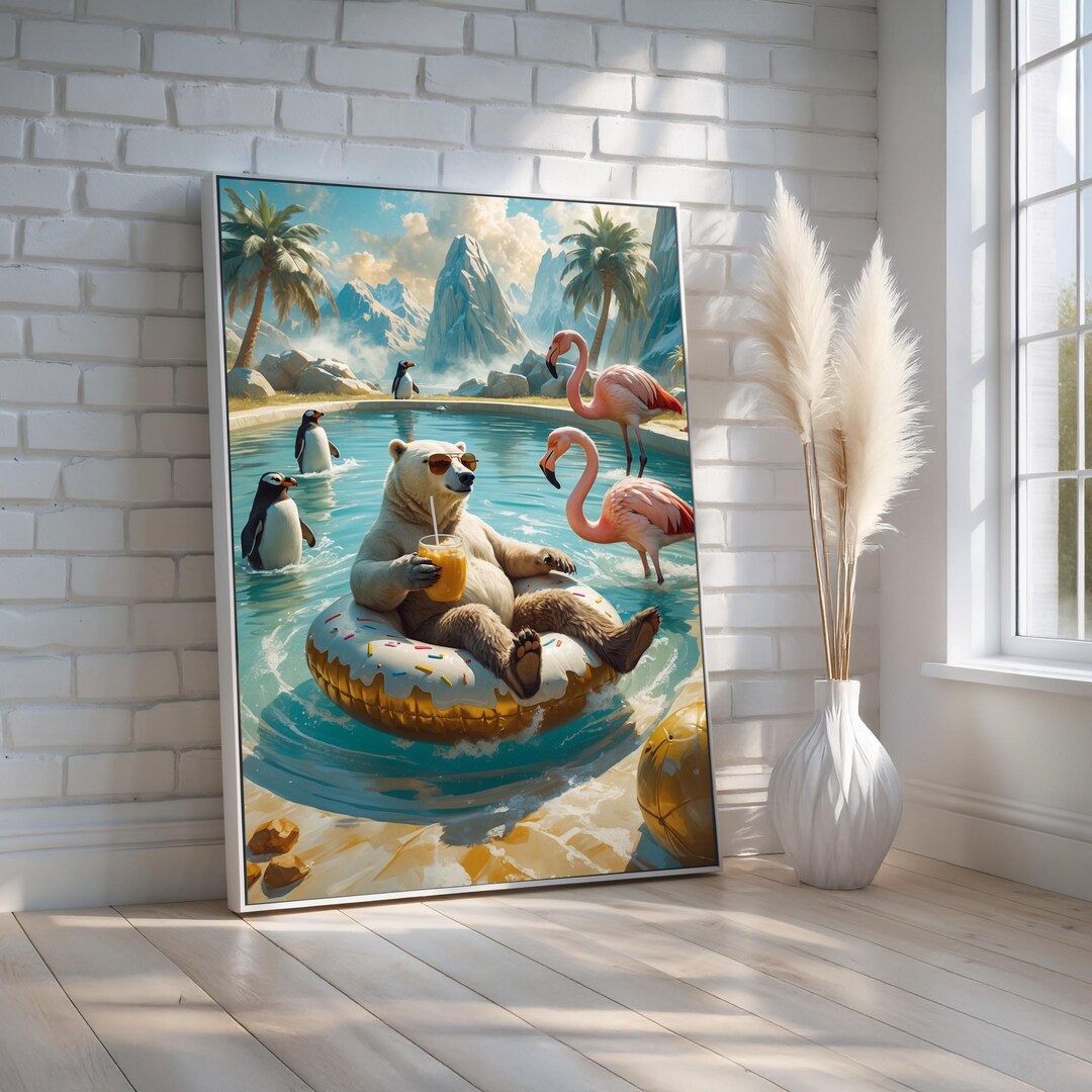 Funny Polar Bear Pool Party Wall Art | Quirky Animal Canvas or Poster ...