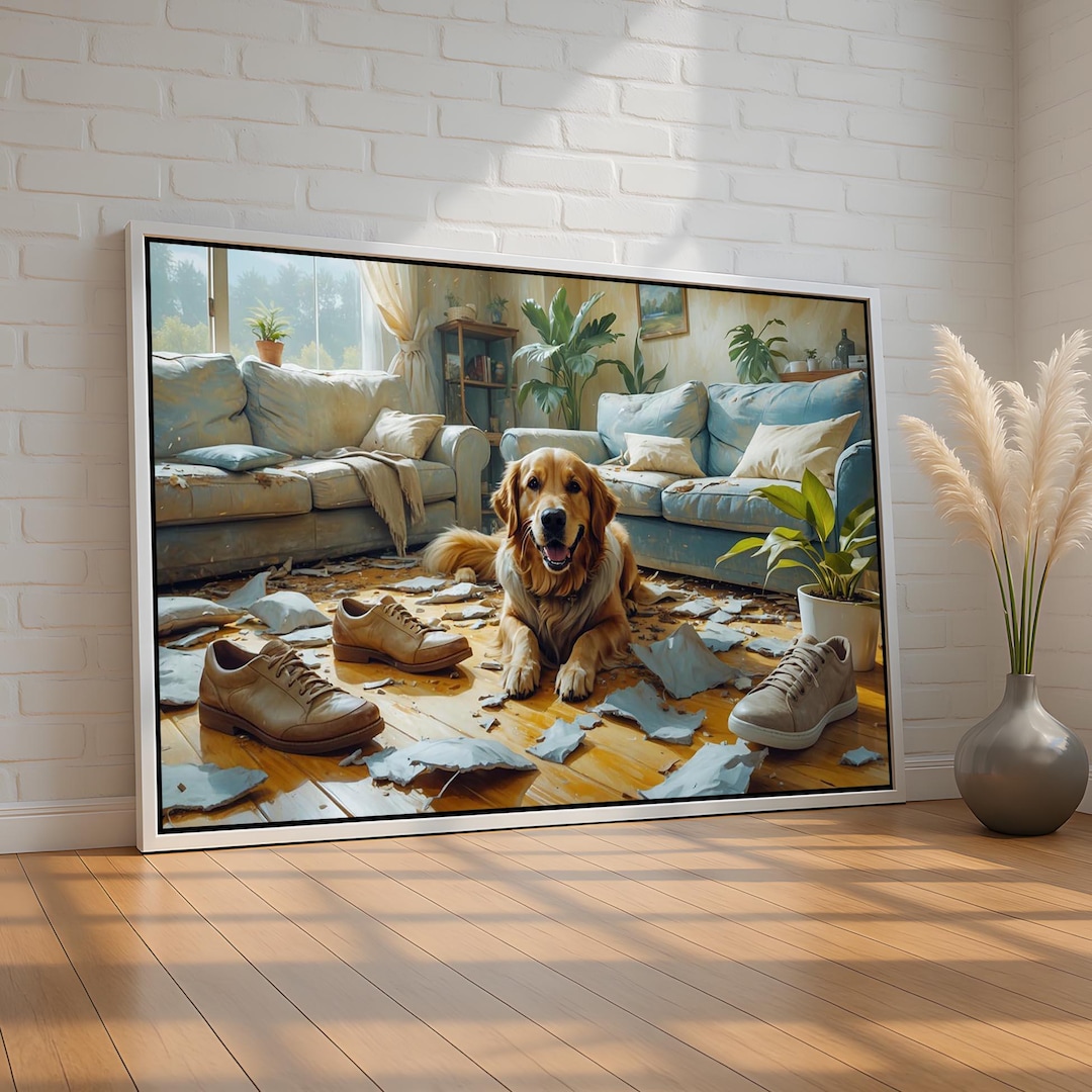 Funny Dog Wall Art | Golden Retriever Canvas Poster With Chewed Shoes ...