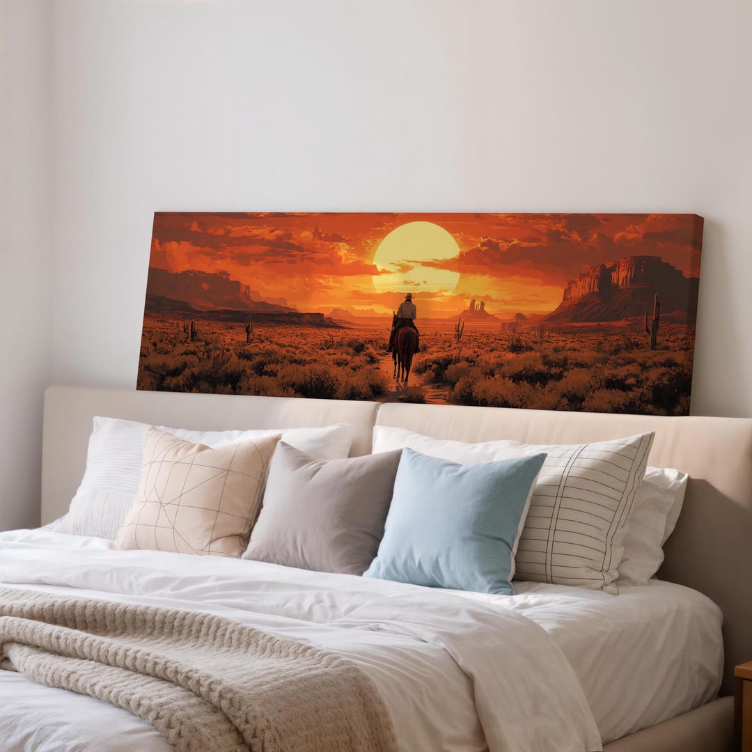 Western Cowboy Sunset Panoramic Canvas Wall Art | Desert Landscape ...