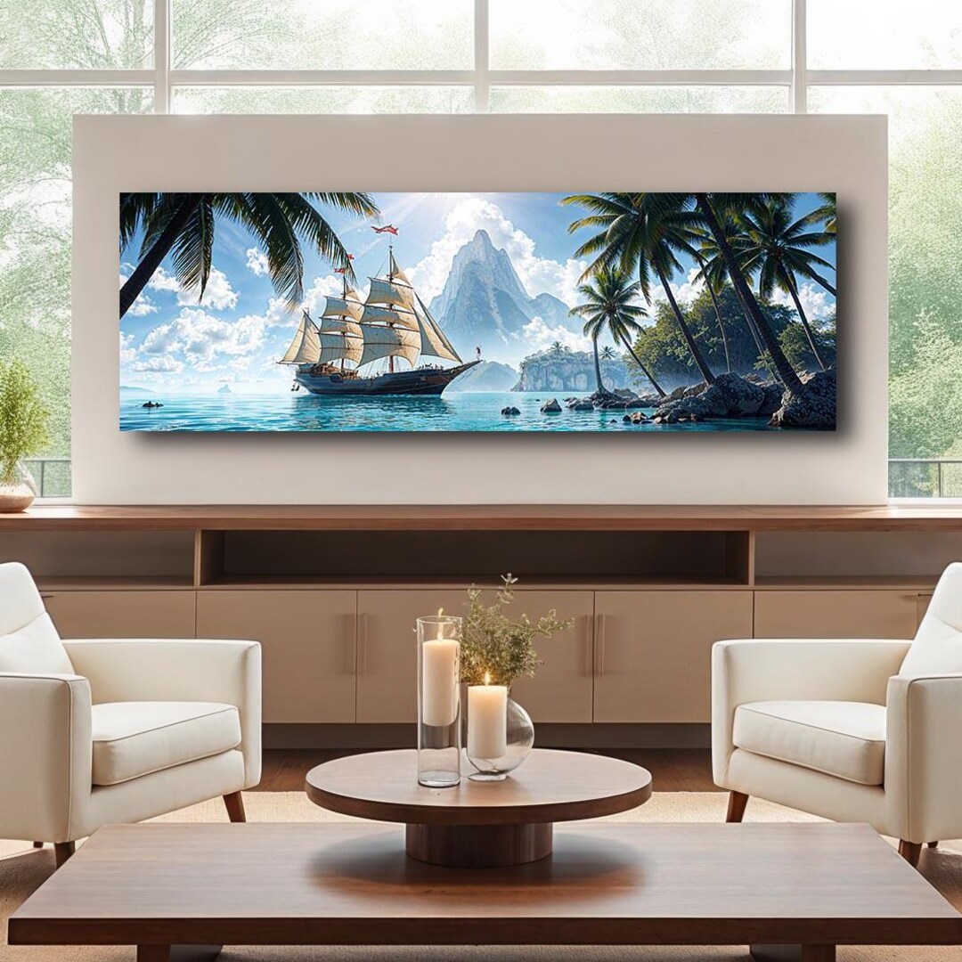 Tropical Tall Ship Island Print | Nautical Adventure Decor, Exotic ...