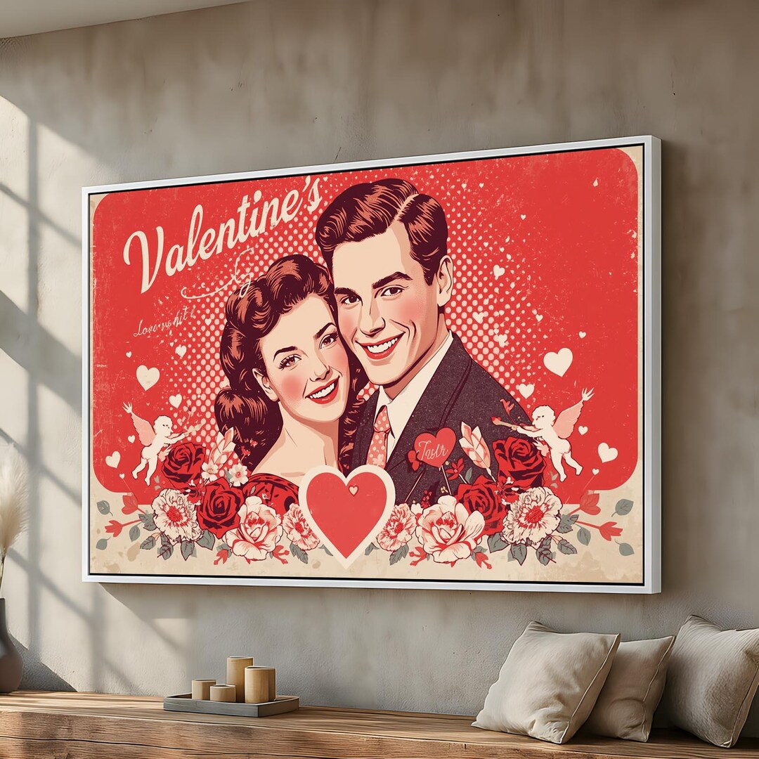 Vintage Valentine Couple Canvas Wall Art | Retro Love Poster Print ...