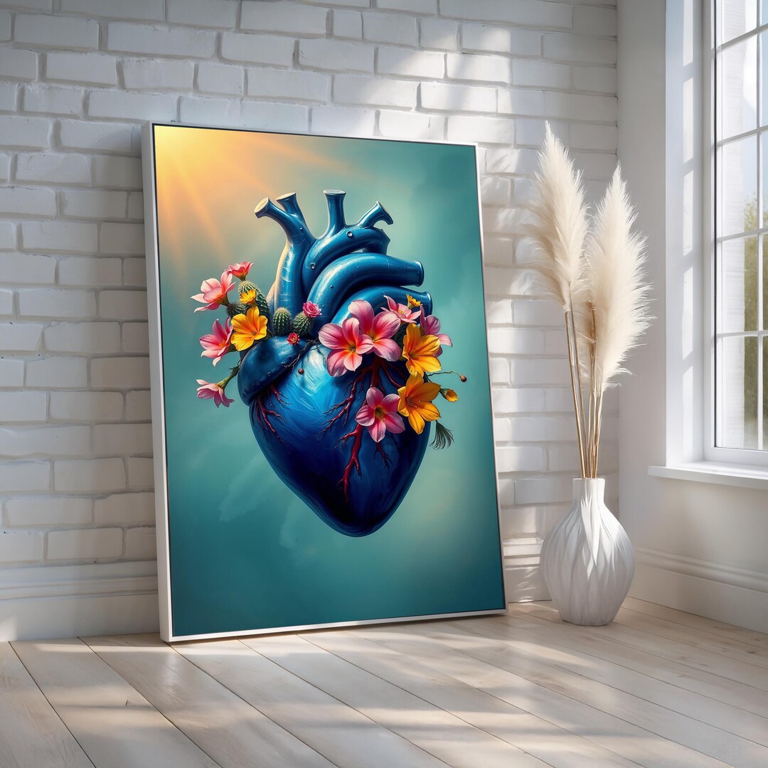 Blue Anatomical Heart With Flowers Canvas Art | Surreal Symbolic Poster ...