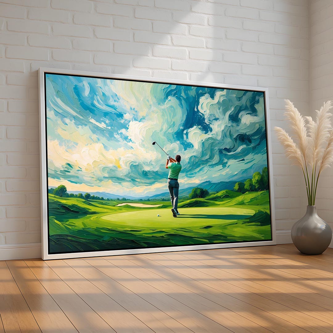 Golf Wall Art Canvas | Vibrant Golf Course Painting | Golfer Swinging ...