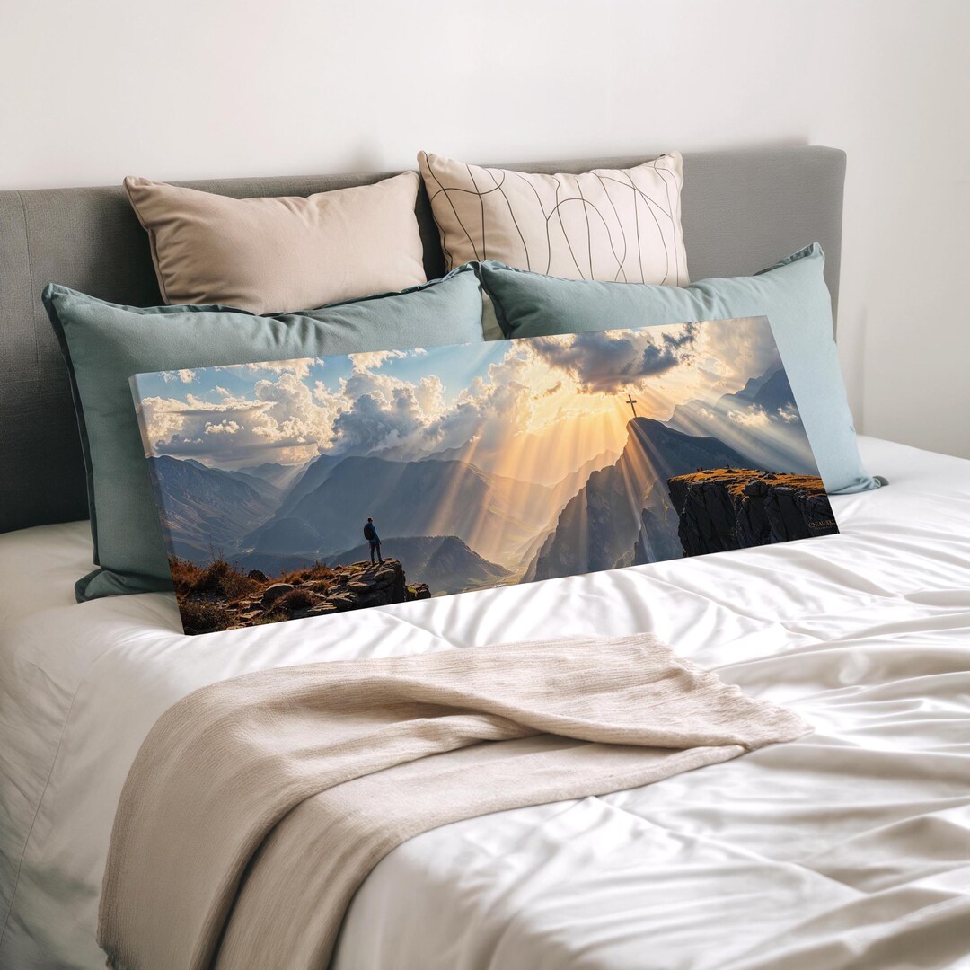 Christian Mountain Canvas Wall Art | Cross on Cliff With Divine Light ...