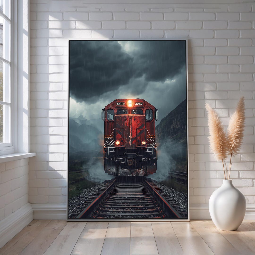 Red Freight Train in Storm | Dramatic Industrial Canvas Wall Art ...