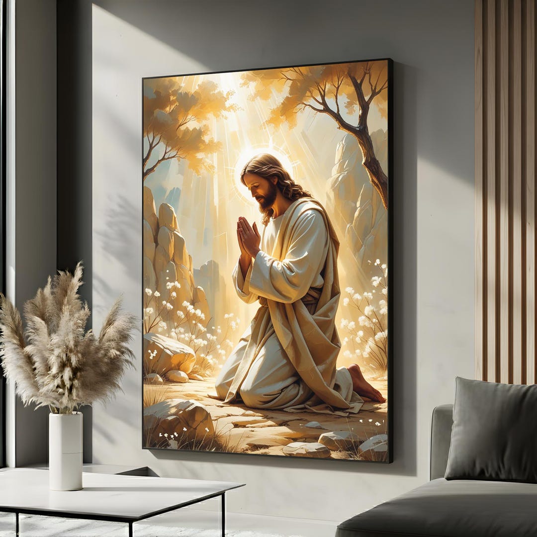 Jesus Praying Canvas Wall Art | Peaceful Christian Poster of Christ in ...