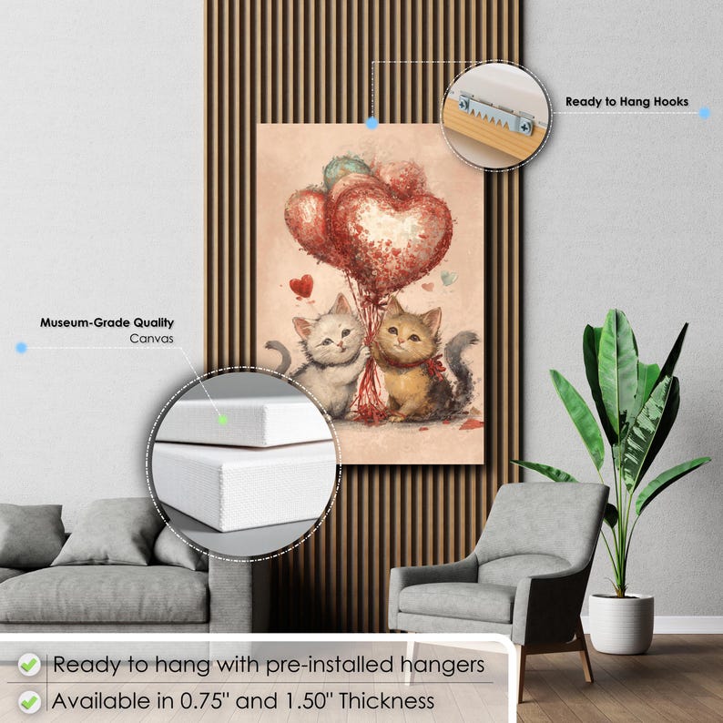 Cute Cats With Heart Balloons Canvas Wall Art | Whimsical Love Animal ...