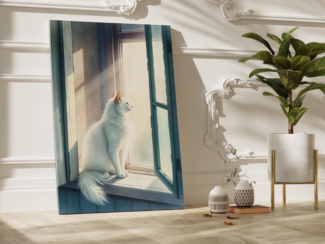 White Cat Window Art | Cozy Pet Canvas | Minimalist Cat Print | Serene ...
