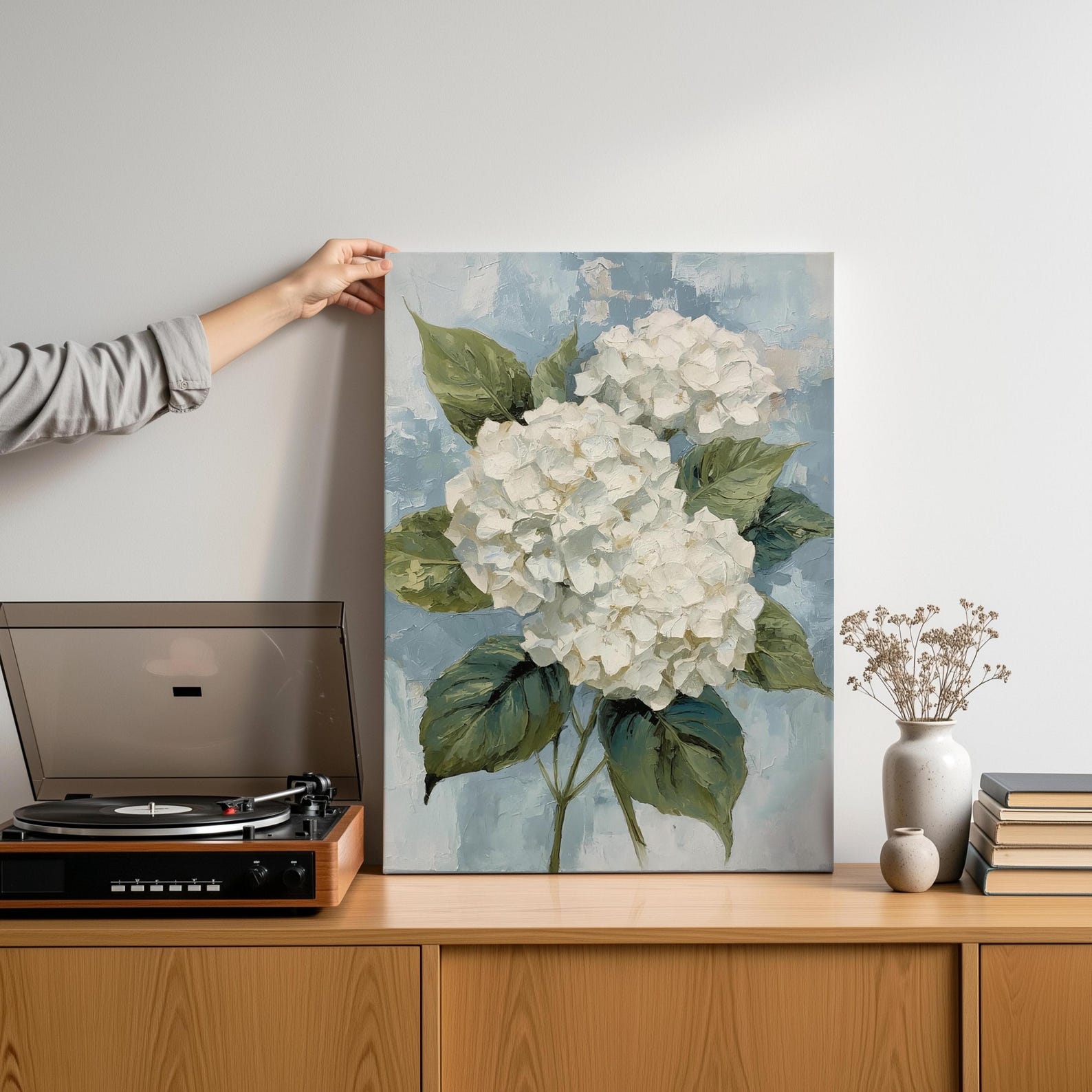 White Hydrangea Canvas Wall Art | Blue Floral Botanical Painting ...