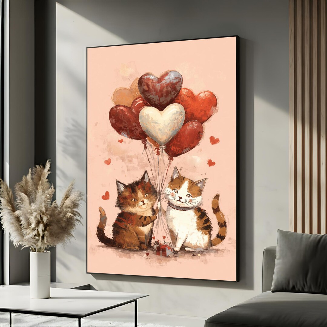 Cute Cat Love Canvas Wall Art | Romantic Valentine’s Day Cats ...