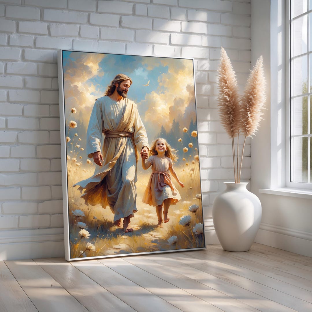 Jesus Walking With Child Canvas | Joyful Girl & Savior in Golden Field ...