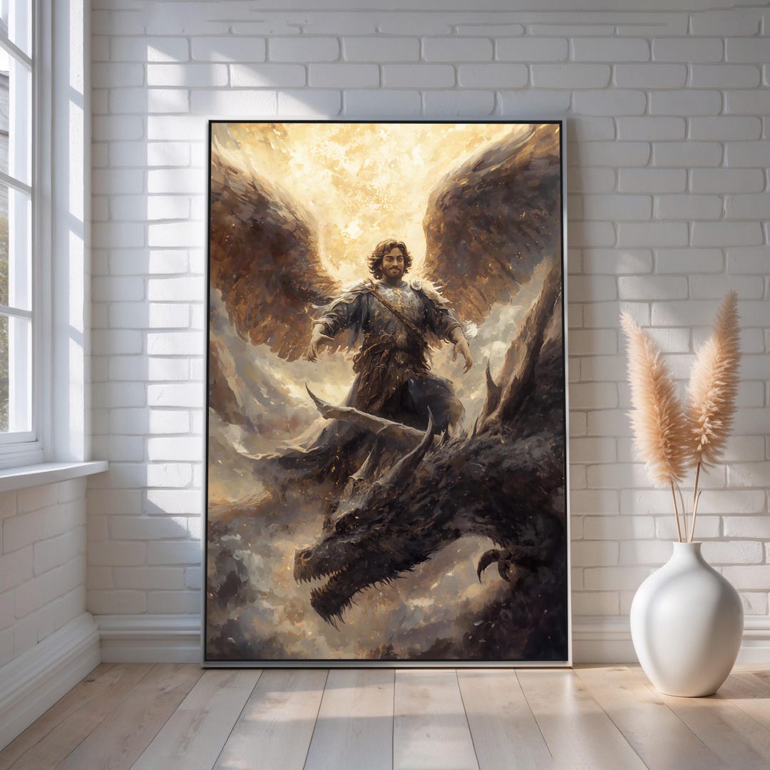 Archangel Michael Triumph Canvas Wall Art | Angel Over Dragon Poster ...
