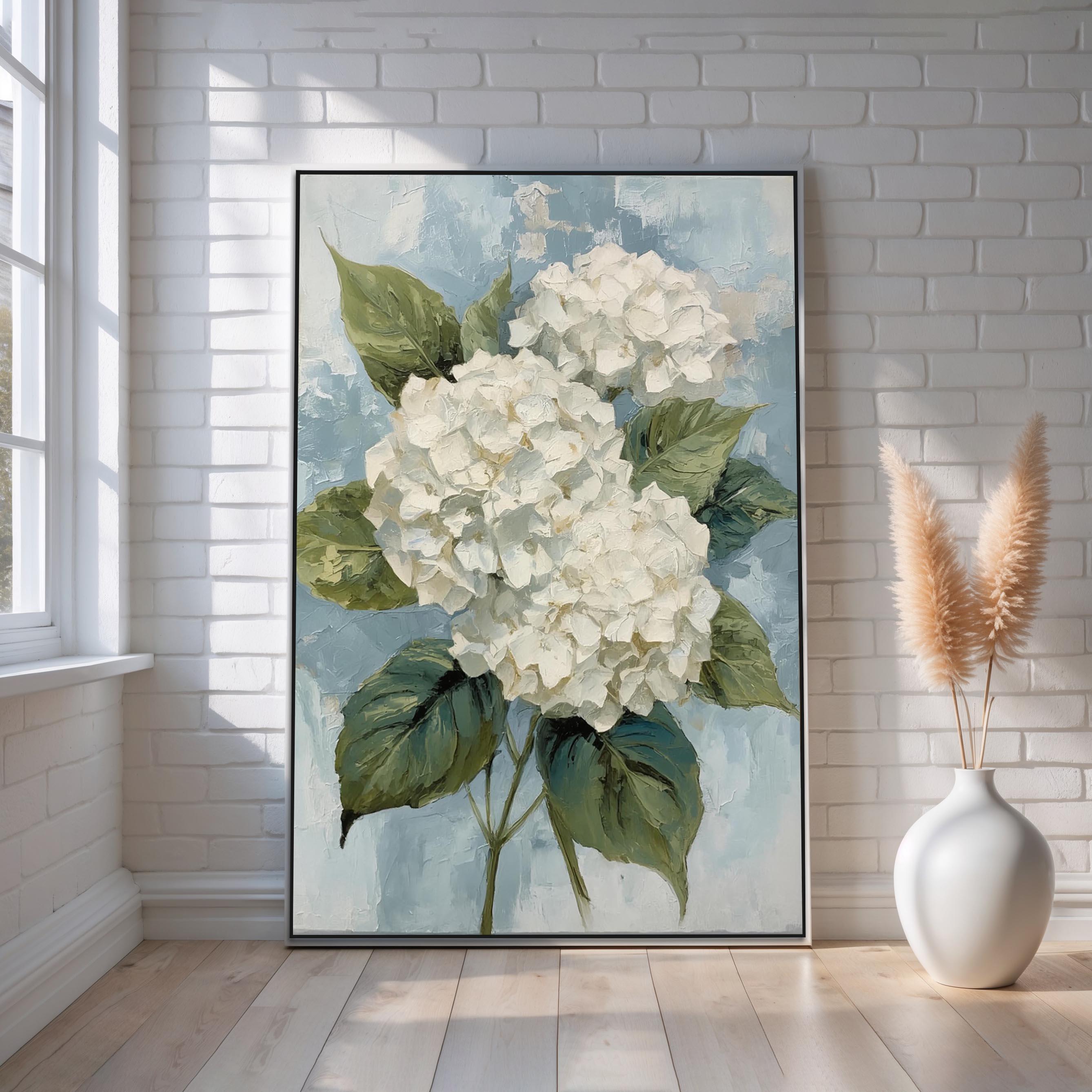 White Hydrangea Canvas Wall Art | Blue Floral Botanical Painting ...