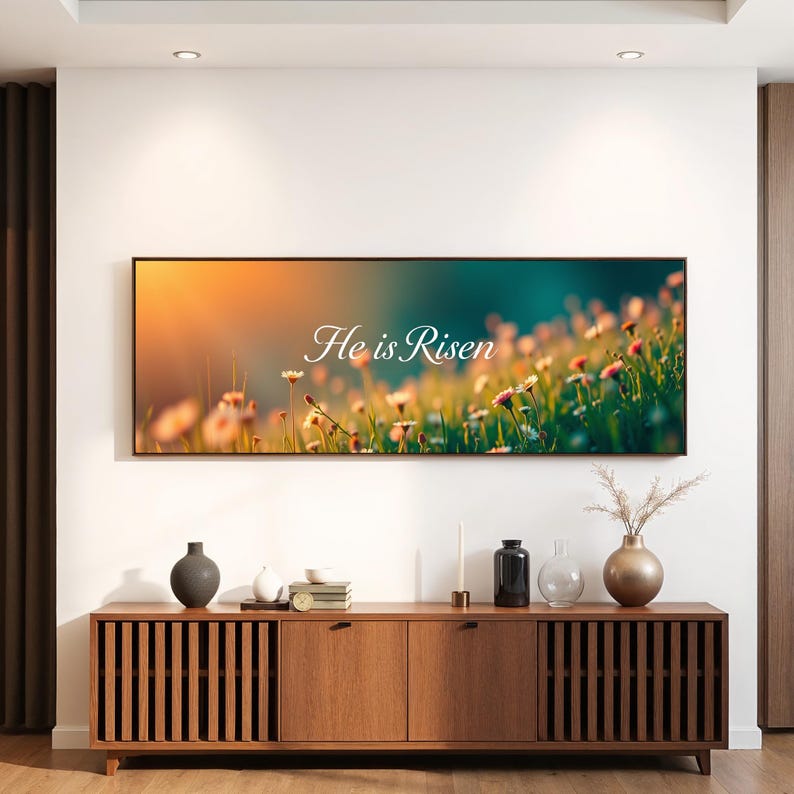 He is Risen Panoramic Canvas Wall Art | Easter Christian Decor | Soft ...