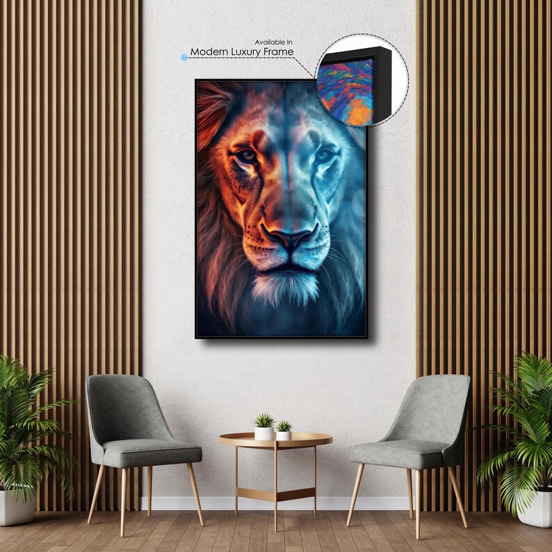 Fire and Ice Lion Wall Art Canvas | Bold Dual-tone Animal Portrait ...