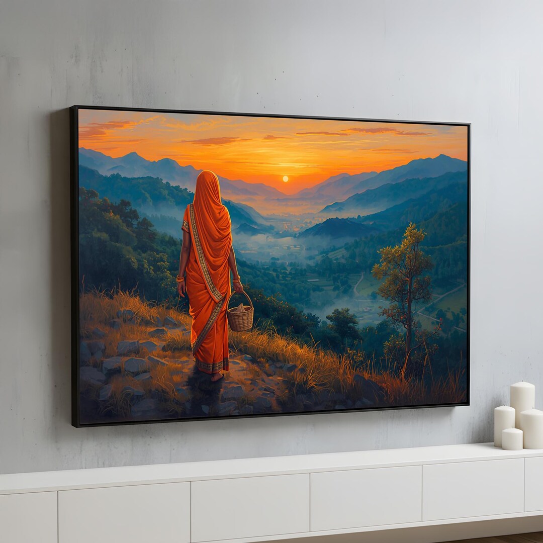 Serene Mountain Sunrise Canvas Wall Art | Woman in Orange Sari Nature ...