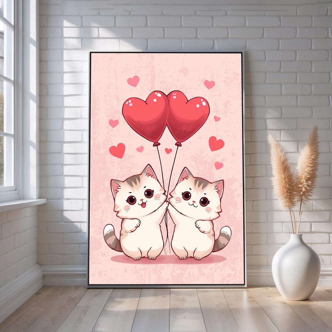Cute Cat Love Canvas Wall Art | Adorable Valentine’s Day Illustration ...