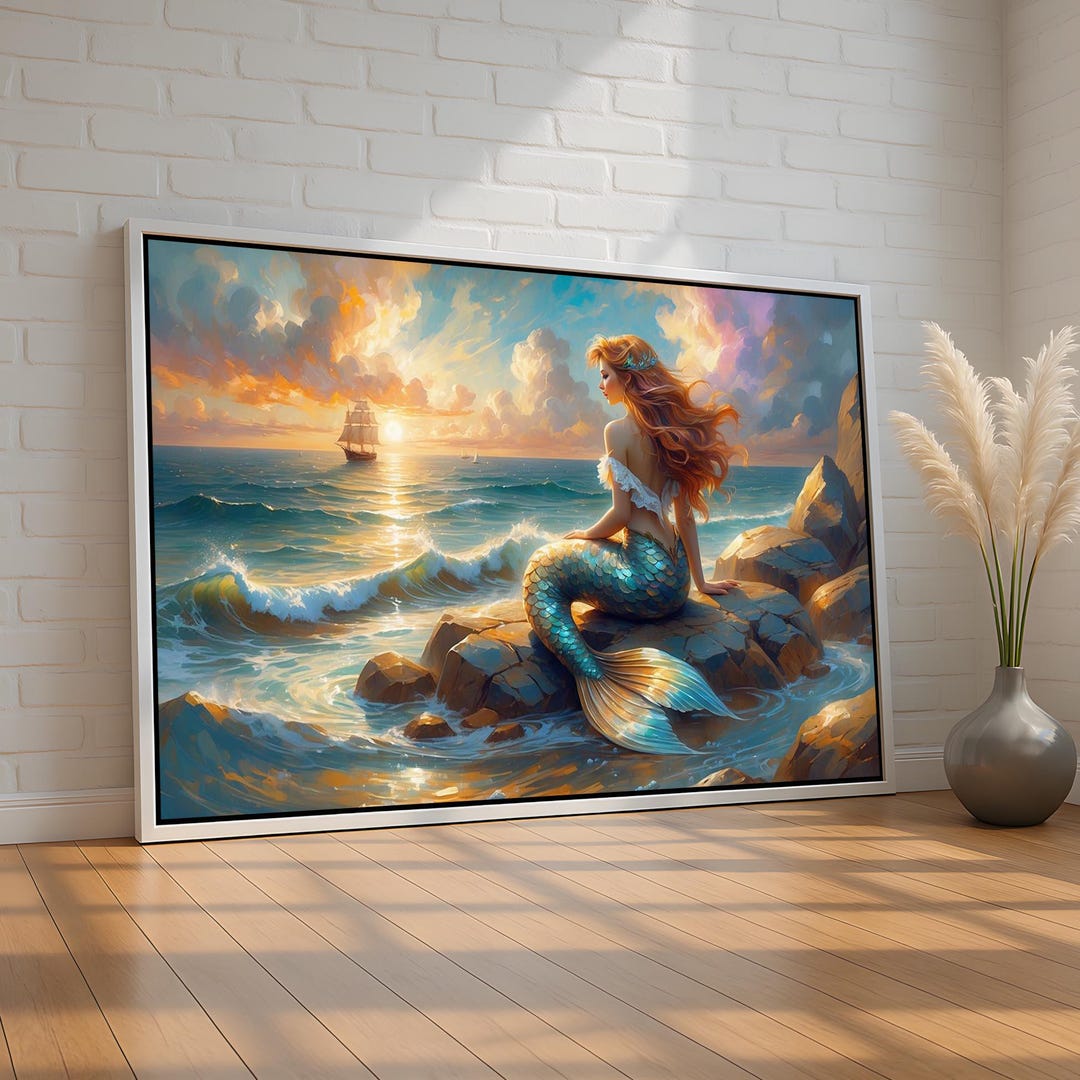 Fantasy Mermaid Watching Sunset | Ocean Fairytale Canvas Print ...