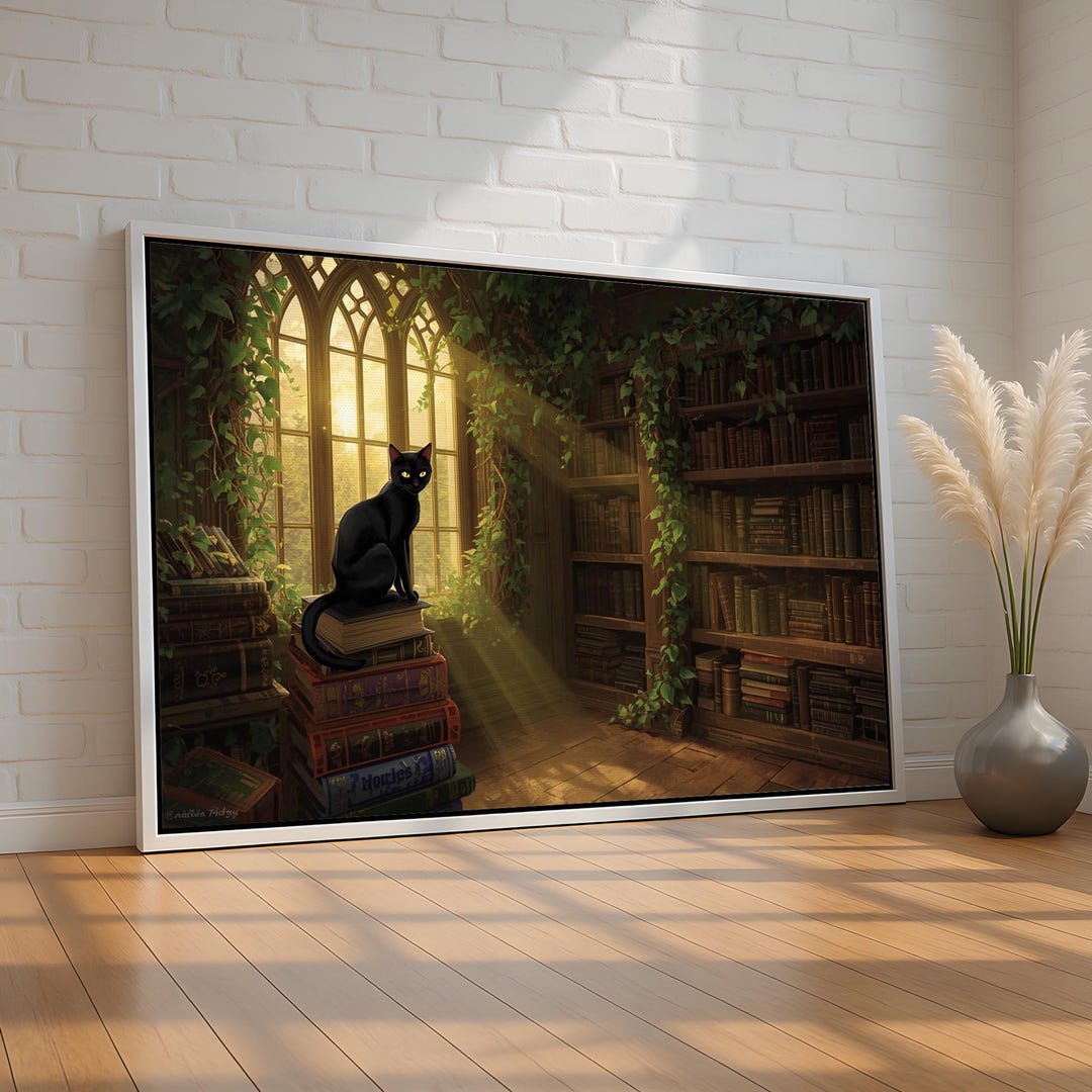 Mystical Black Cat Library Canvas Wall Art | Dark Academia Book Lover ...