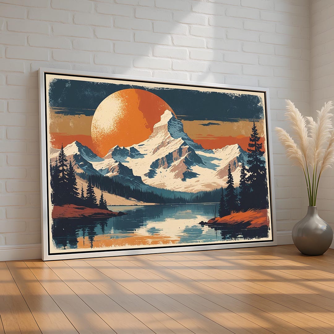 Retro Mountain Wall Art | Vintage National Park-style Landscape | Bold ...