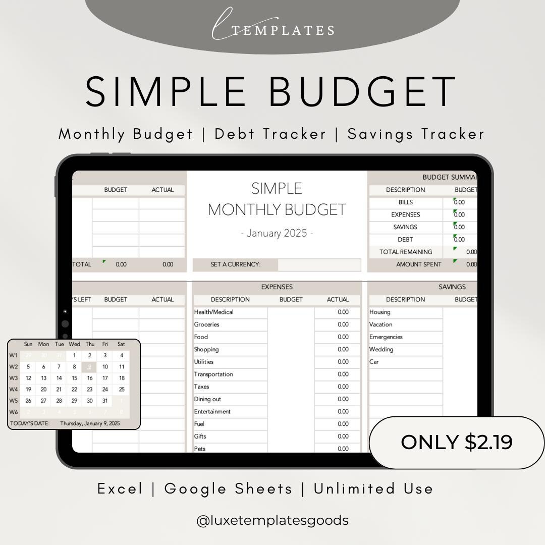 Simple Monthly Budget Tracker Template for Excel & Google Sheets Easy ...