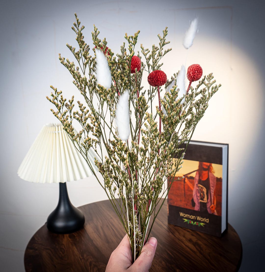 Handcrafted Dried Flower Arrangement With Red Pom-poms, Cotton Fluffs ...