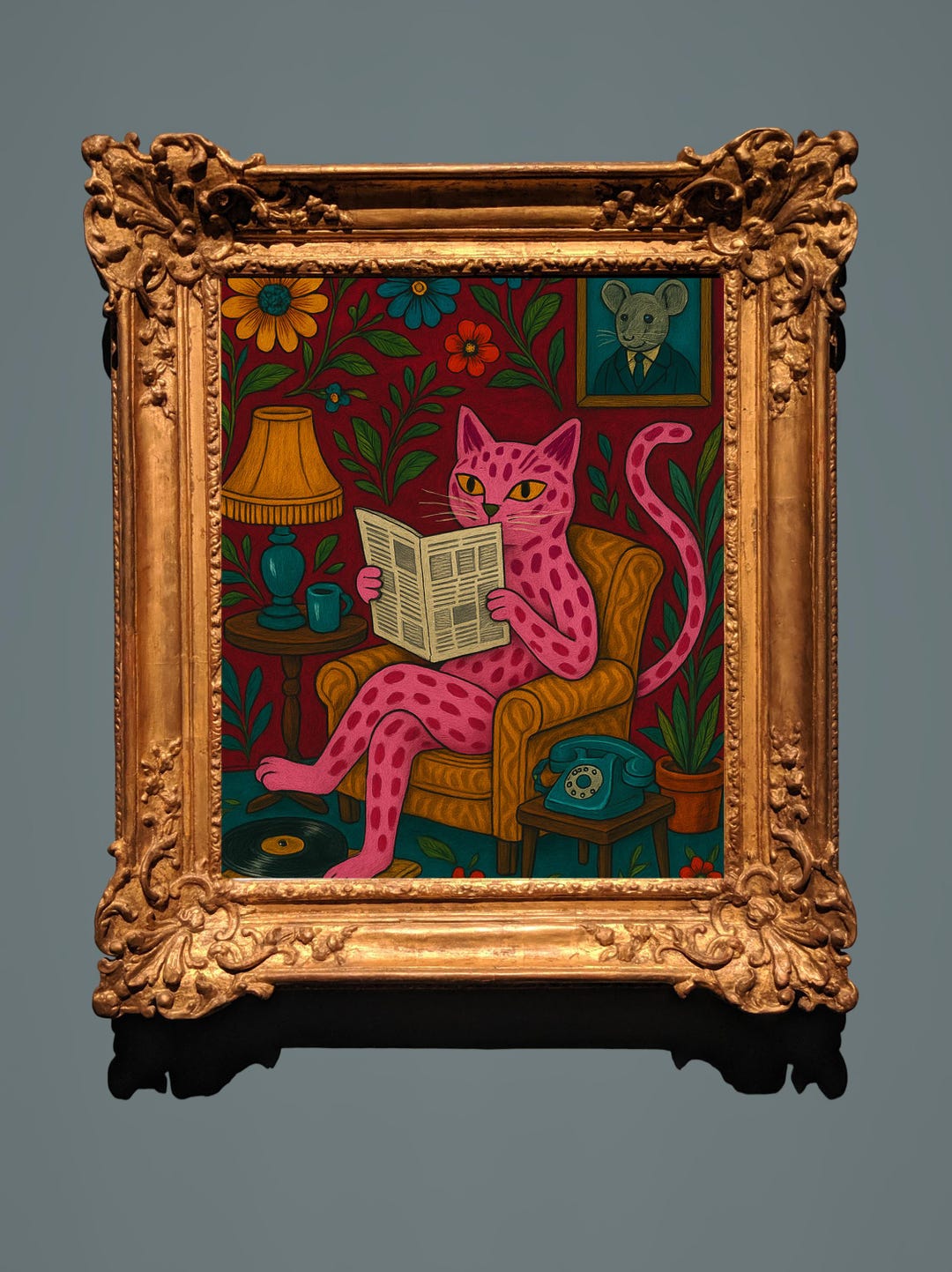Pink Cat Reading Art Print: Whimsical Retro Illustration (digital ...