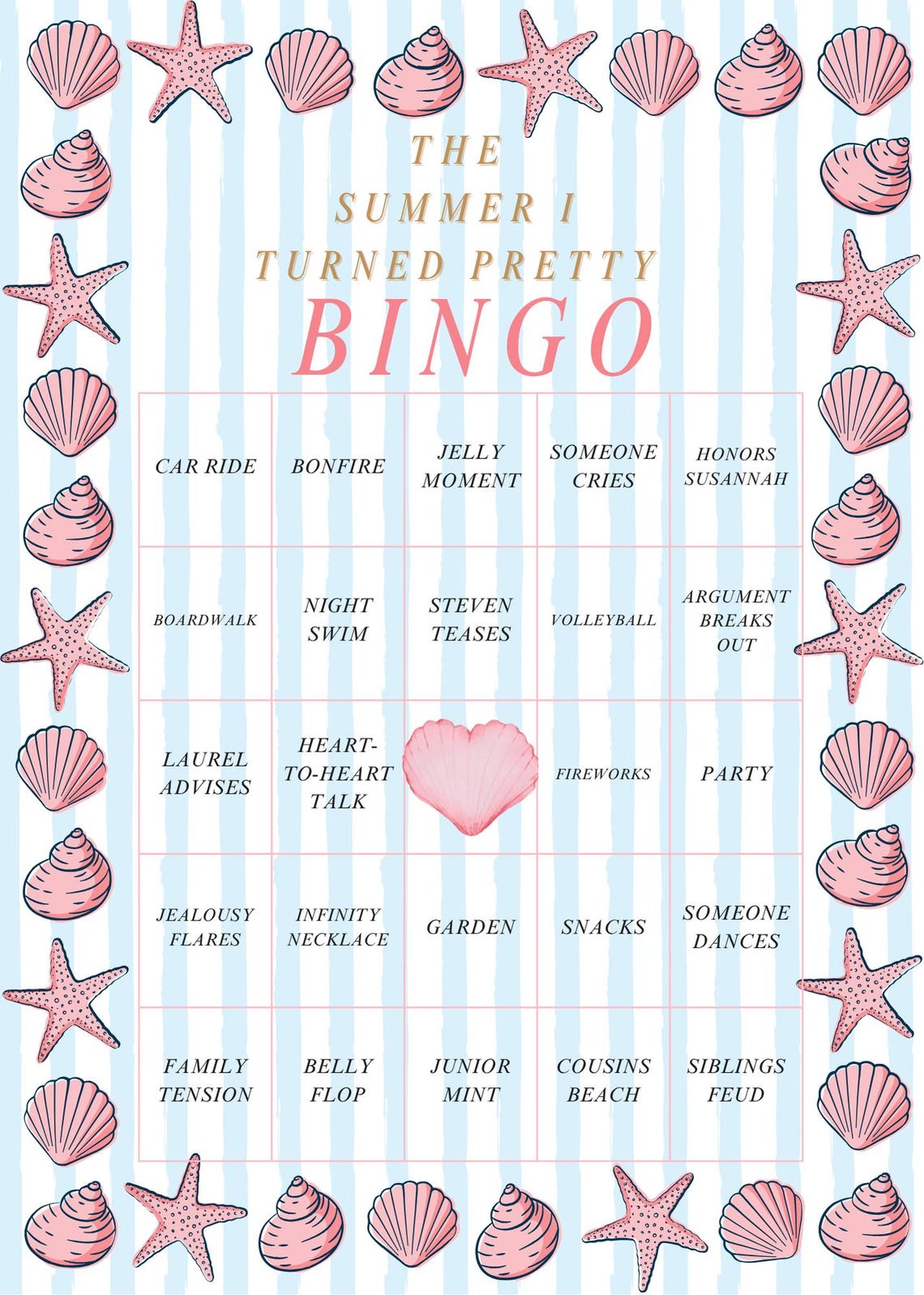 The Summer I Turned Pretty Bingo Game, Digital Download, TV Theme, 10 ...